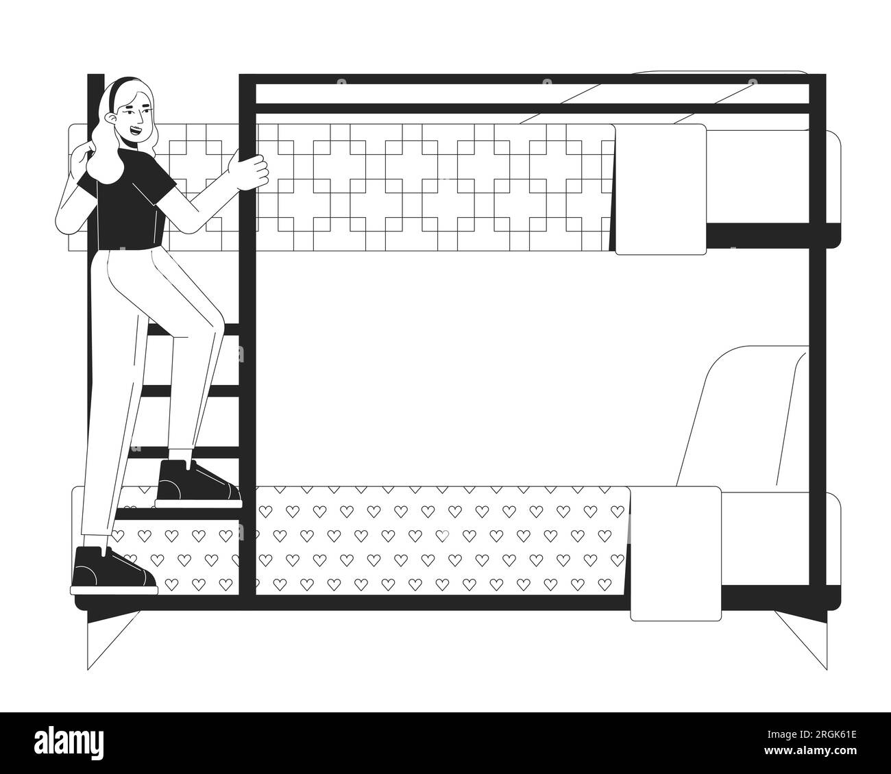 Female student climbing ladder on bunkbed flat line black white vector ...