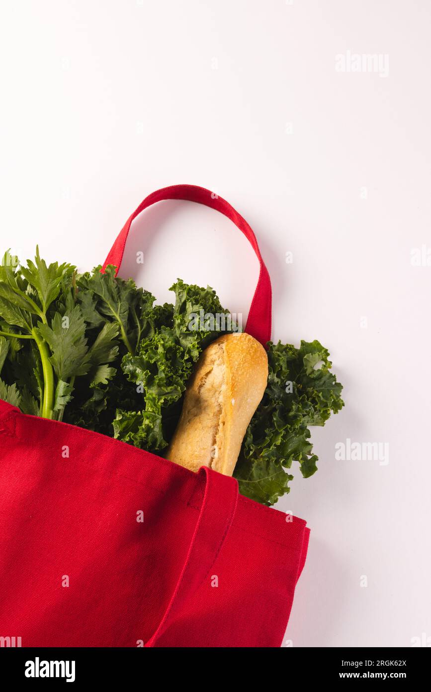 Red canvas bag with baguette and green salad vegetables and copy space ...