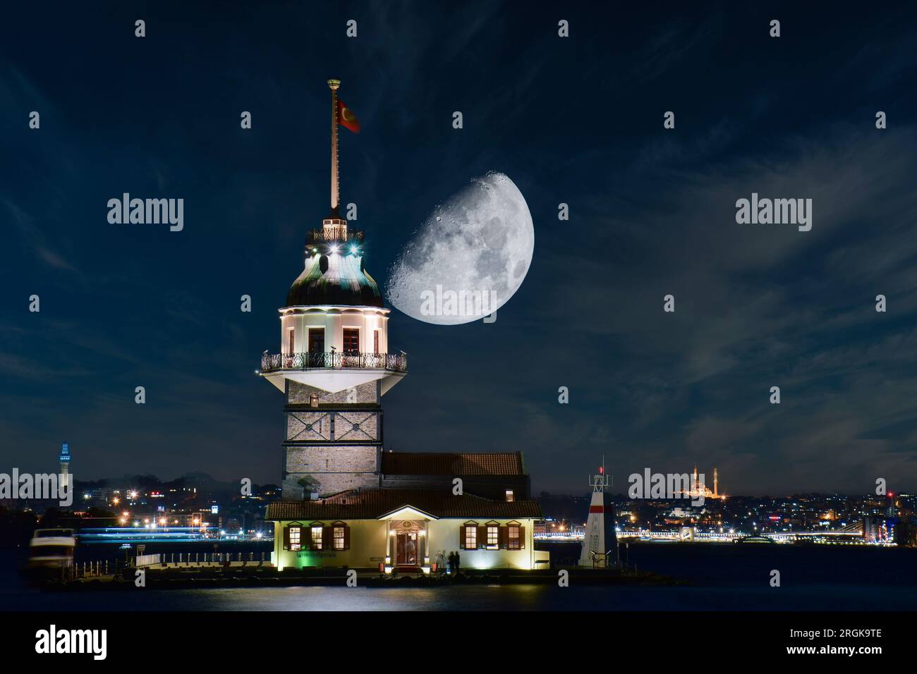 Istanbul Maiden Tower (kiz kulesi) with full moon - Istanbul, Turkey ...