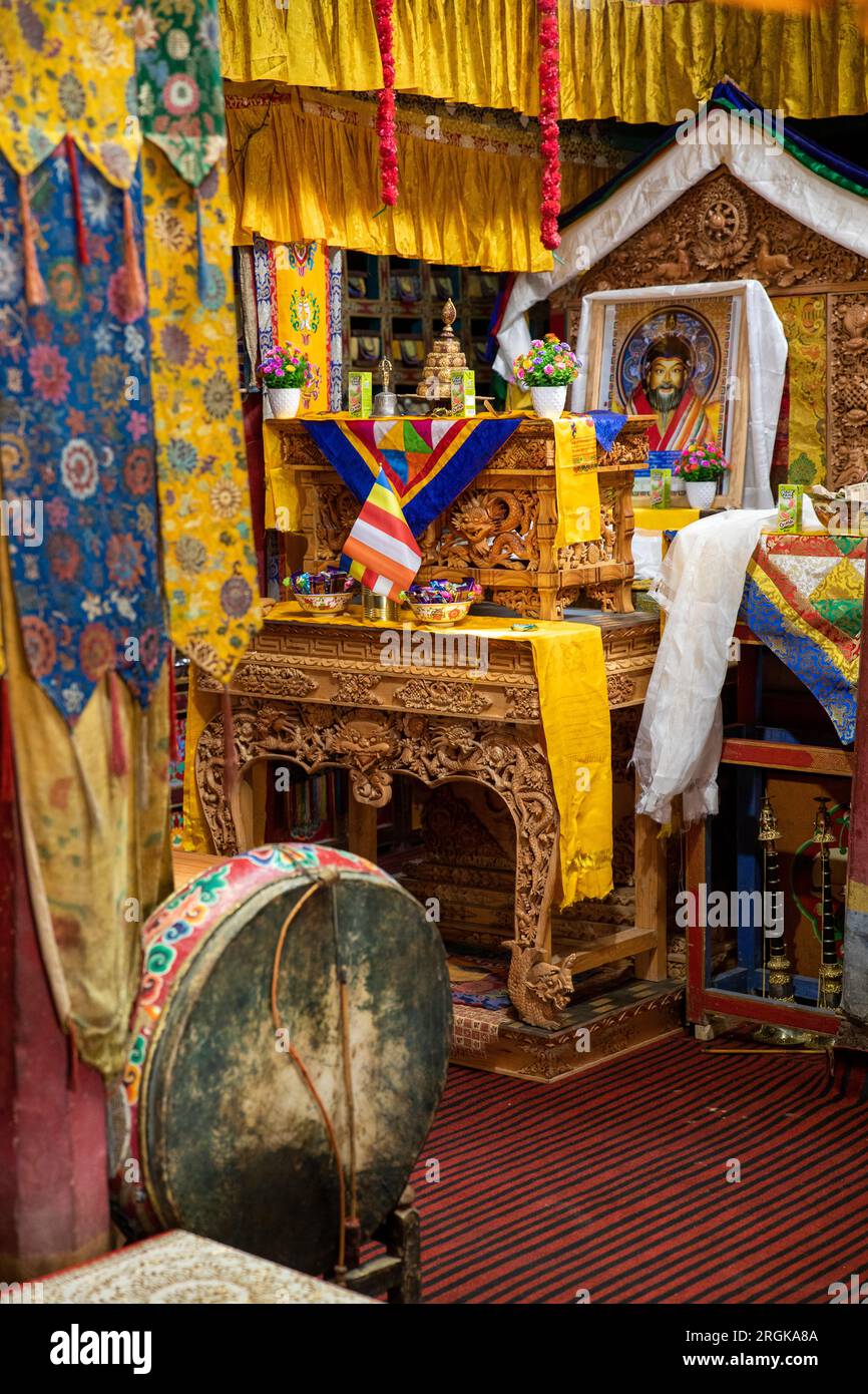 India, Ladakh, Zanskar, Bardan Monastery, main Prayer Hall interior ...