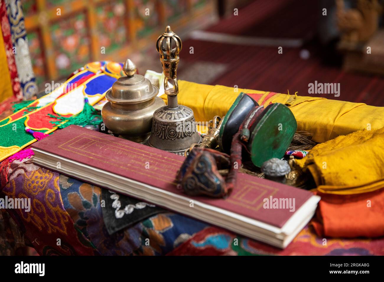 India, Ladakh, Zanskar, Bardan Monastery, Dukhang Assembly Hall, Bell ...