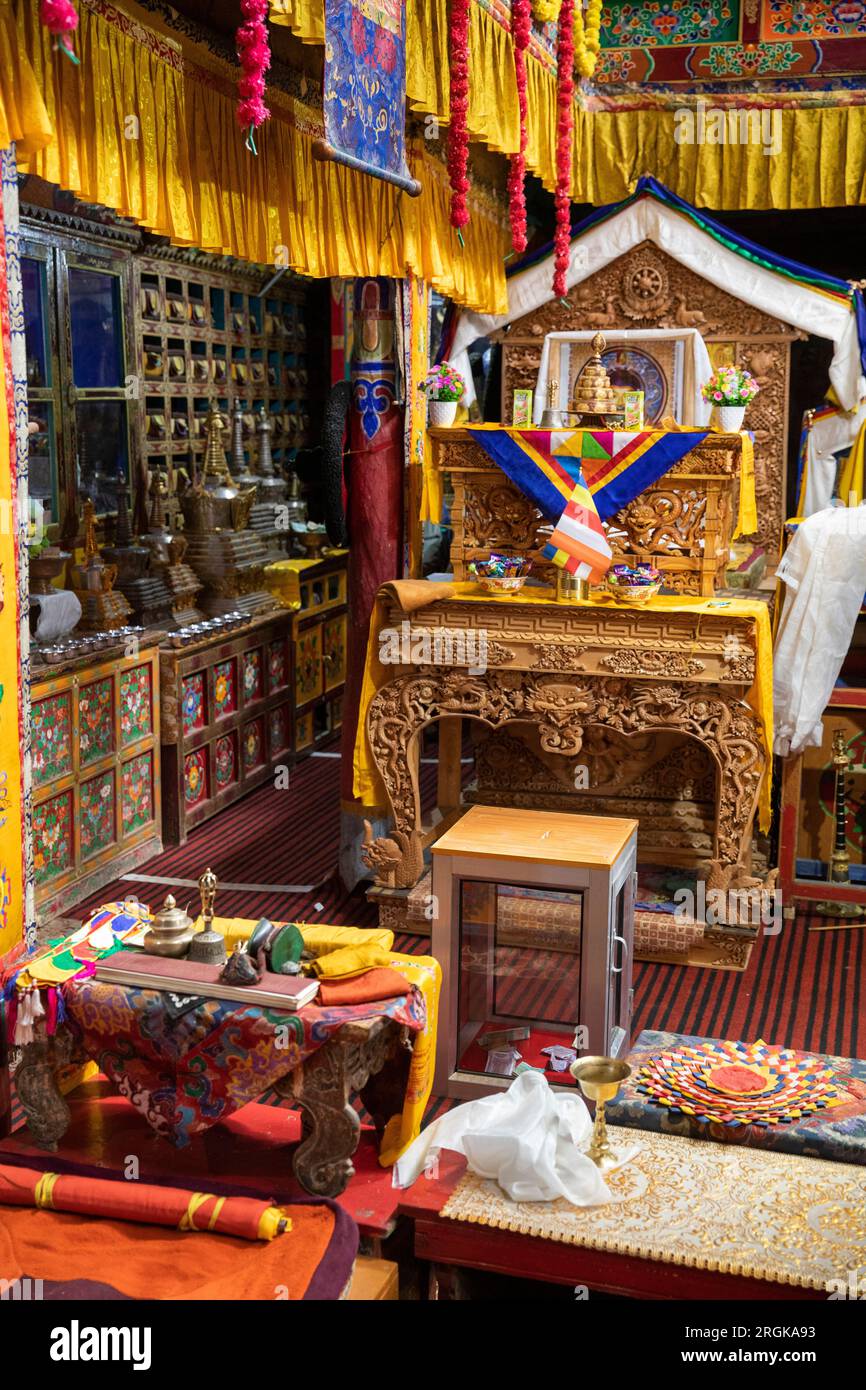 India, Ladakh, Zanskar, Bardan Monastery, main Prayer Hall interior ...