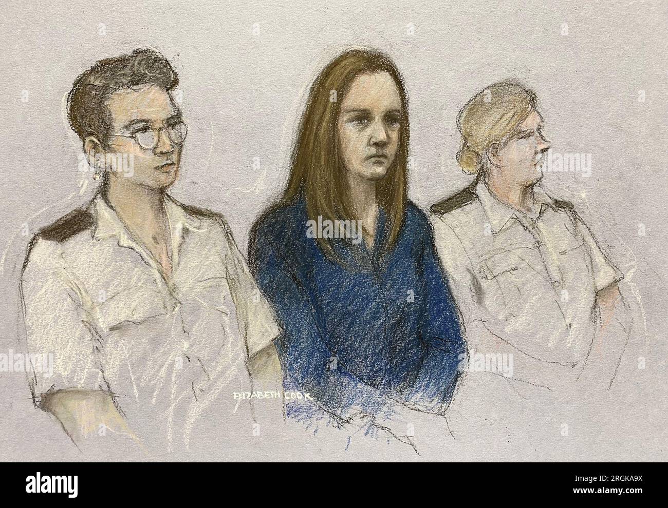 Court artist drawing by Elizabeth Cook of nurse Lucy Letby (centre) in ...