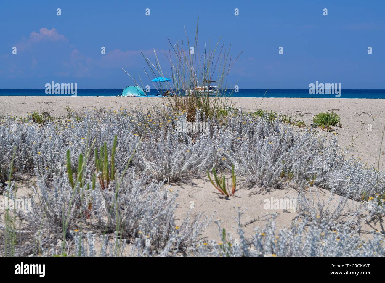 Greece, Halkidiki, sailing catamaran at Possidi cape with sandy beach ...