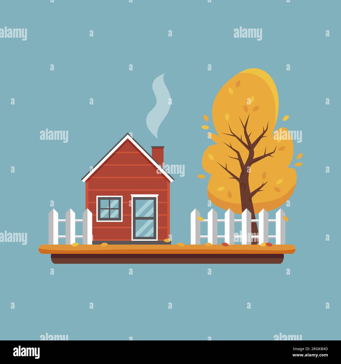 Autumn landscape. Red house, fence and tree with falling leaves. Autumn ...