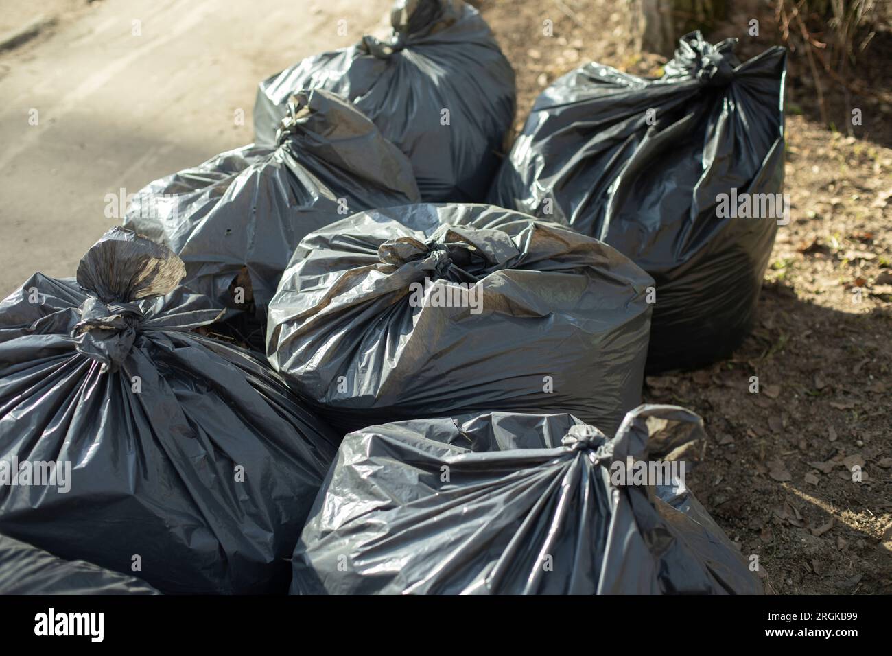 Garbage. Black plastic bags. Collected garbage in yard. Details of ...