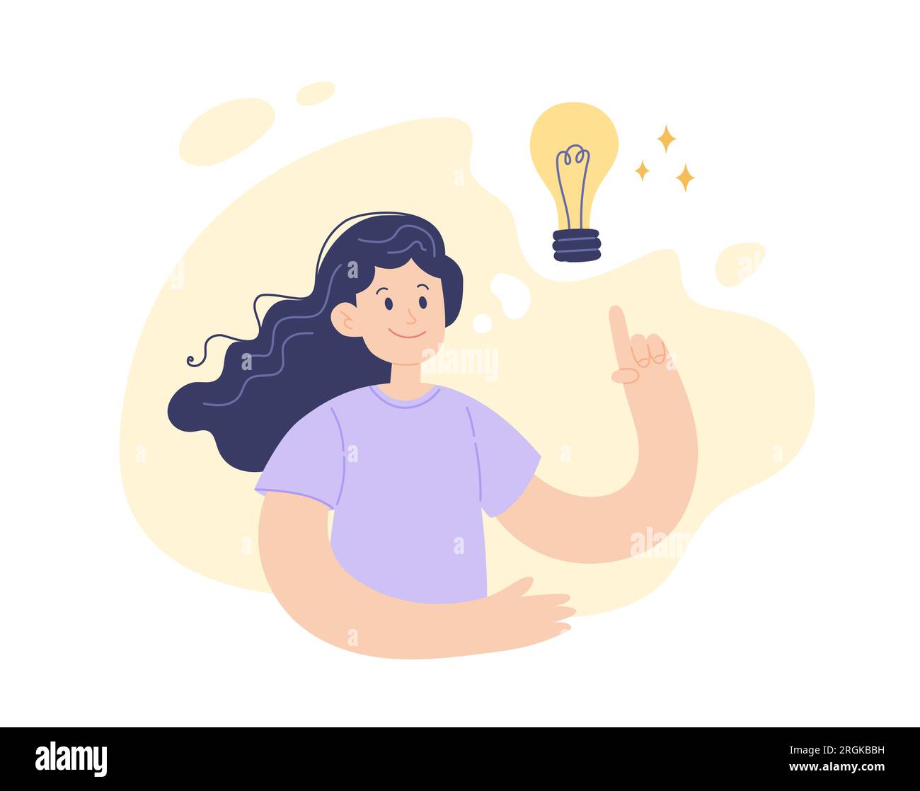New idea light bulb concept. Young positive woman with lamp above her ...