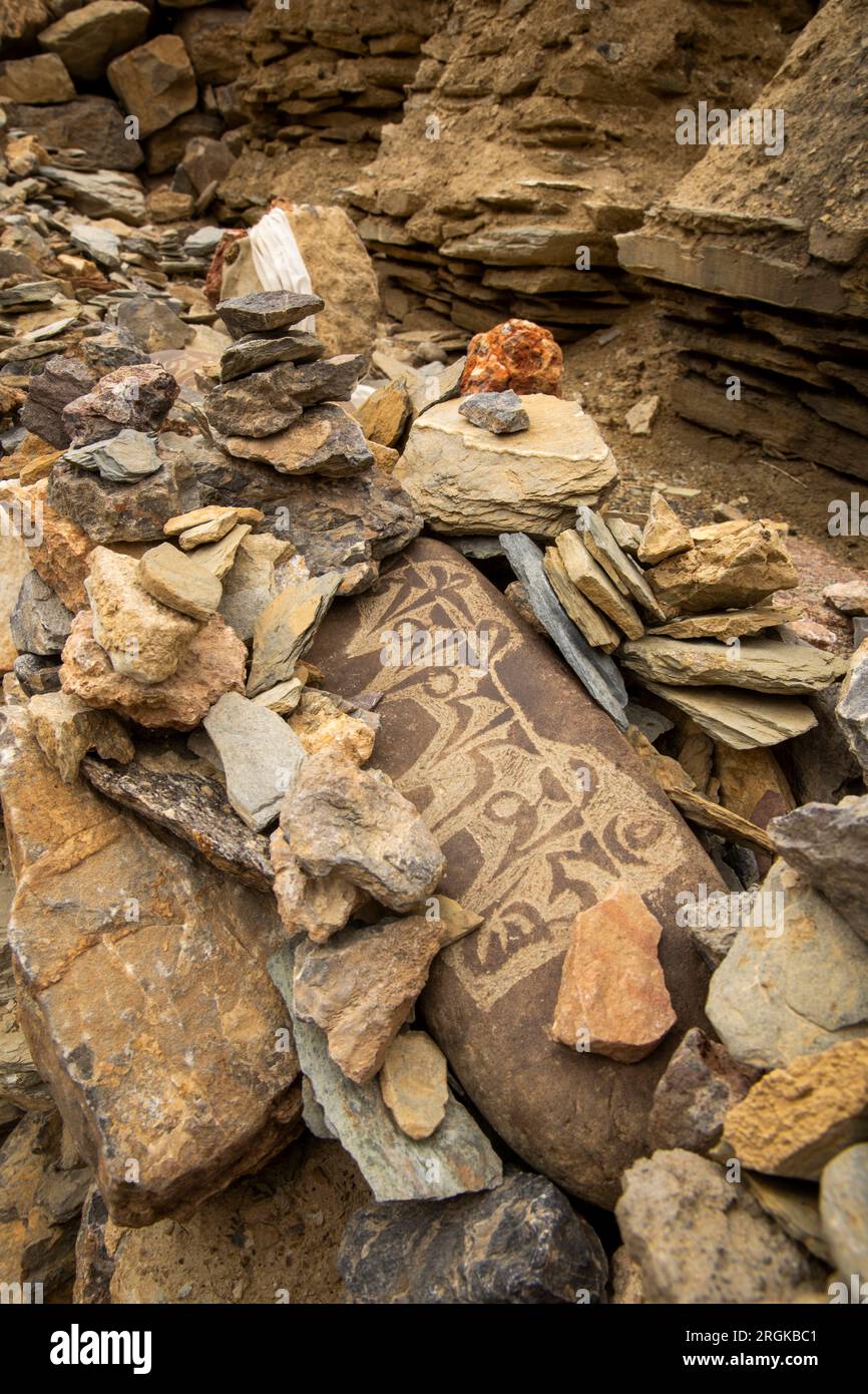 India, Ladakh, Zanskar, Zangla, Old Palace, Buddhist mani stones Stock ...