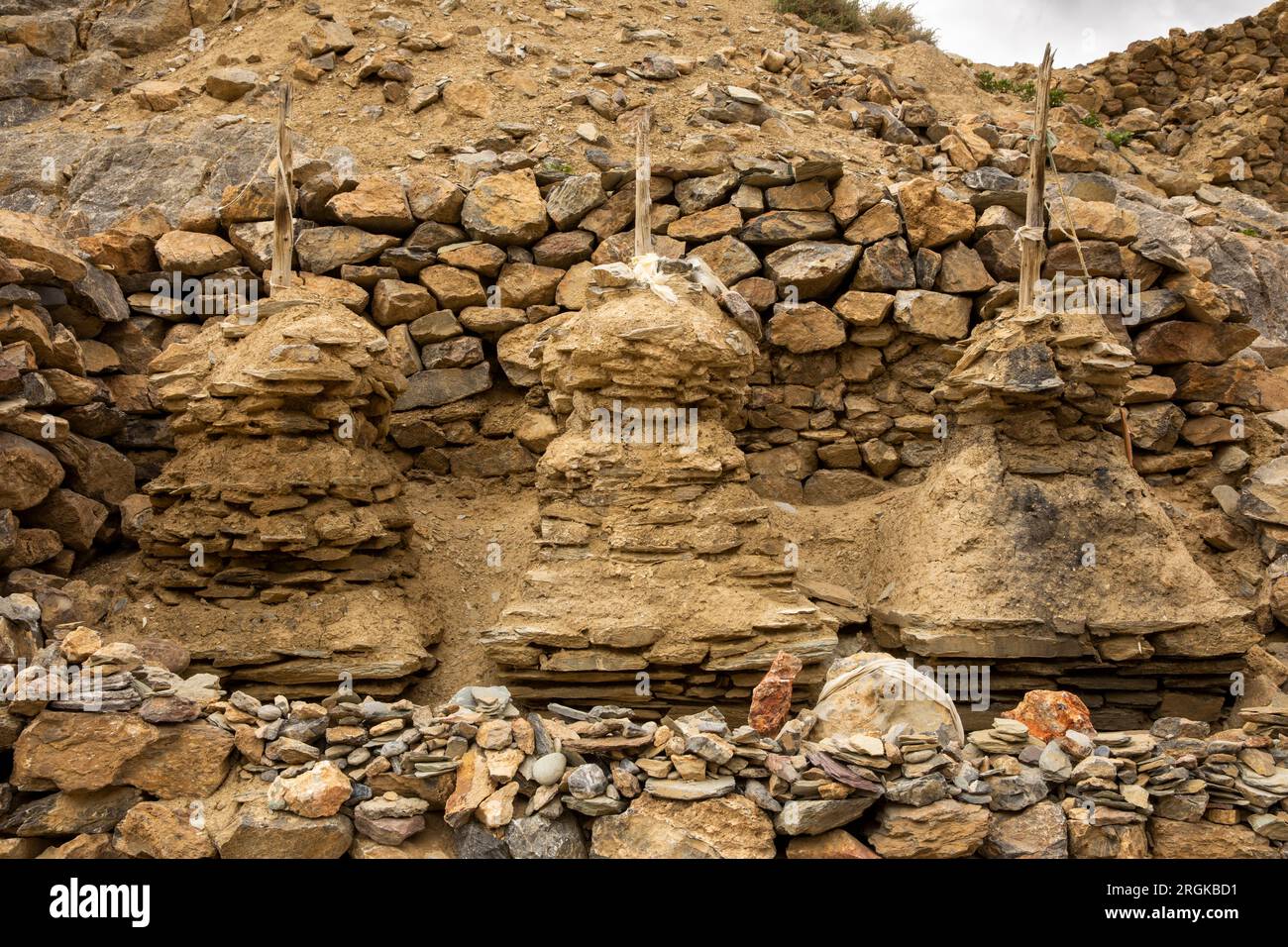 India, Ladakh, Zanskar, Zangla, Old Palace, Buddhist mani stones and ...