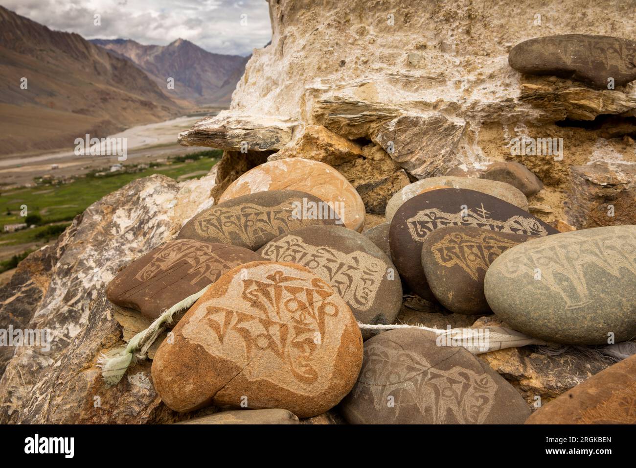 India, Ladakh, Zanskar, Zangla, Old Palace, Buddhist mani stones at ...