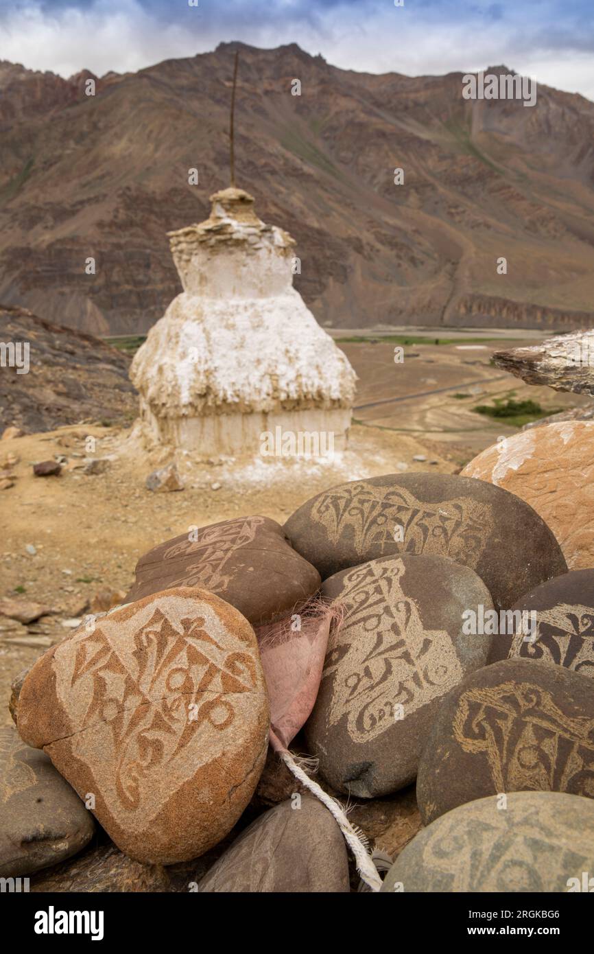 India, Ladakh, Zanskar, Zangla, Old Palace, Buddhist mani stones and ...
