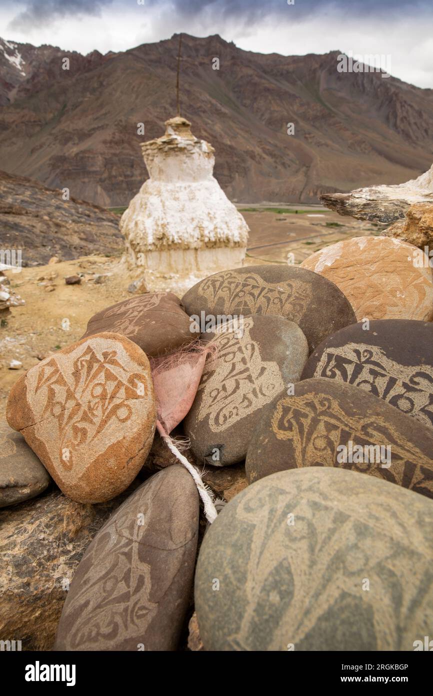 India, Ladakh, Zanskar, Zangla, Old Palace, Buddhist mani stones and ...
