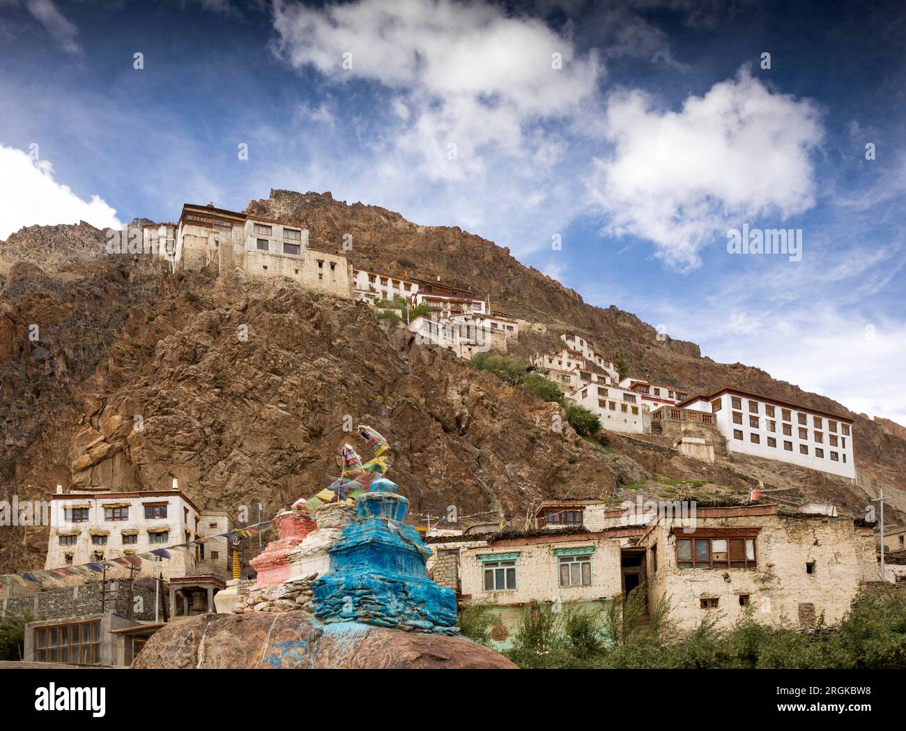 India, Ladakh, Zanskar, Karsha, hillside monastery from village Stock ...