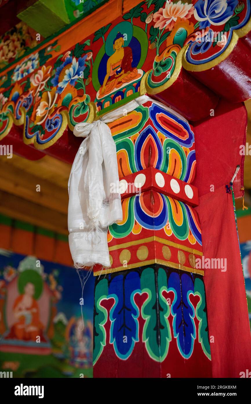 India, Ladakh, Zanskar, Karsha, monastery, Lhakang Prayer Hall, wooden ...