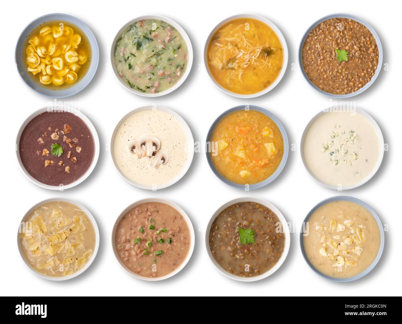 Various soup flavors in bowls isolated over white background Stock ...
