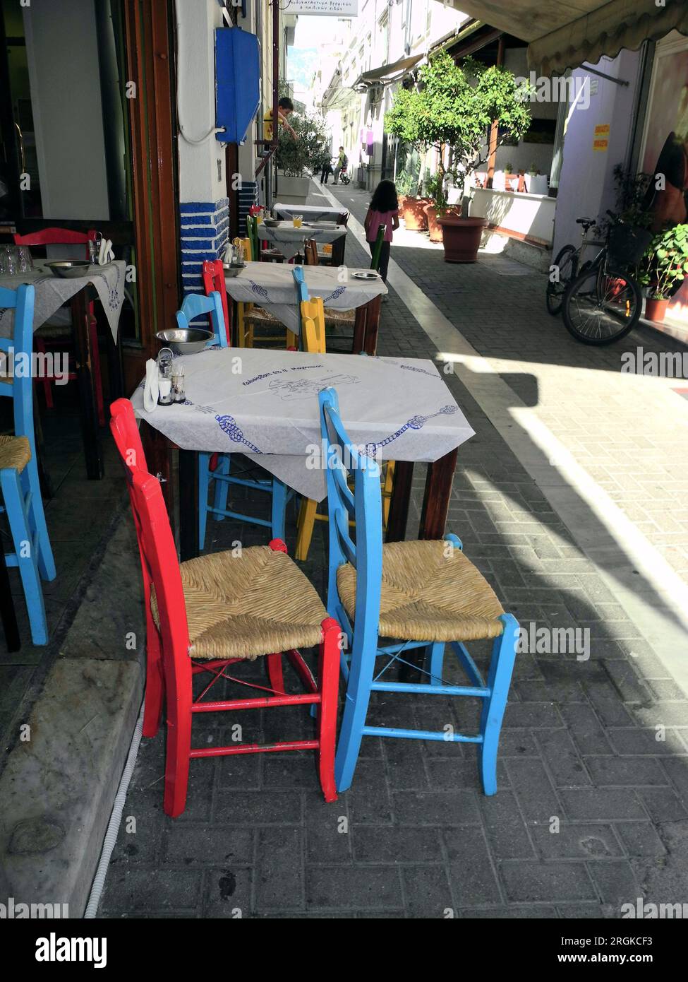 Skiathos, Greece - October 01, 2012: Colorful table and seats on ...