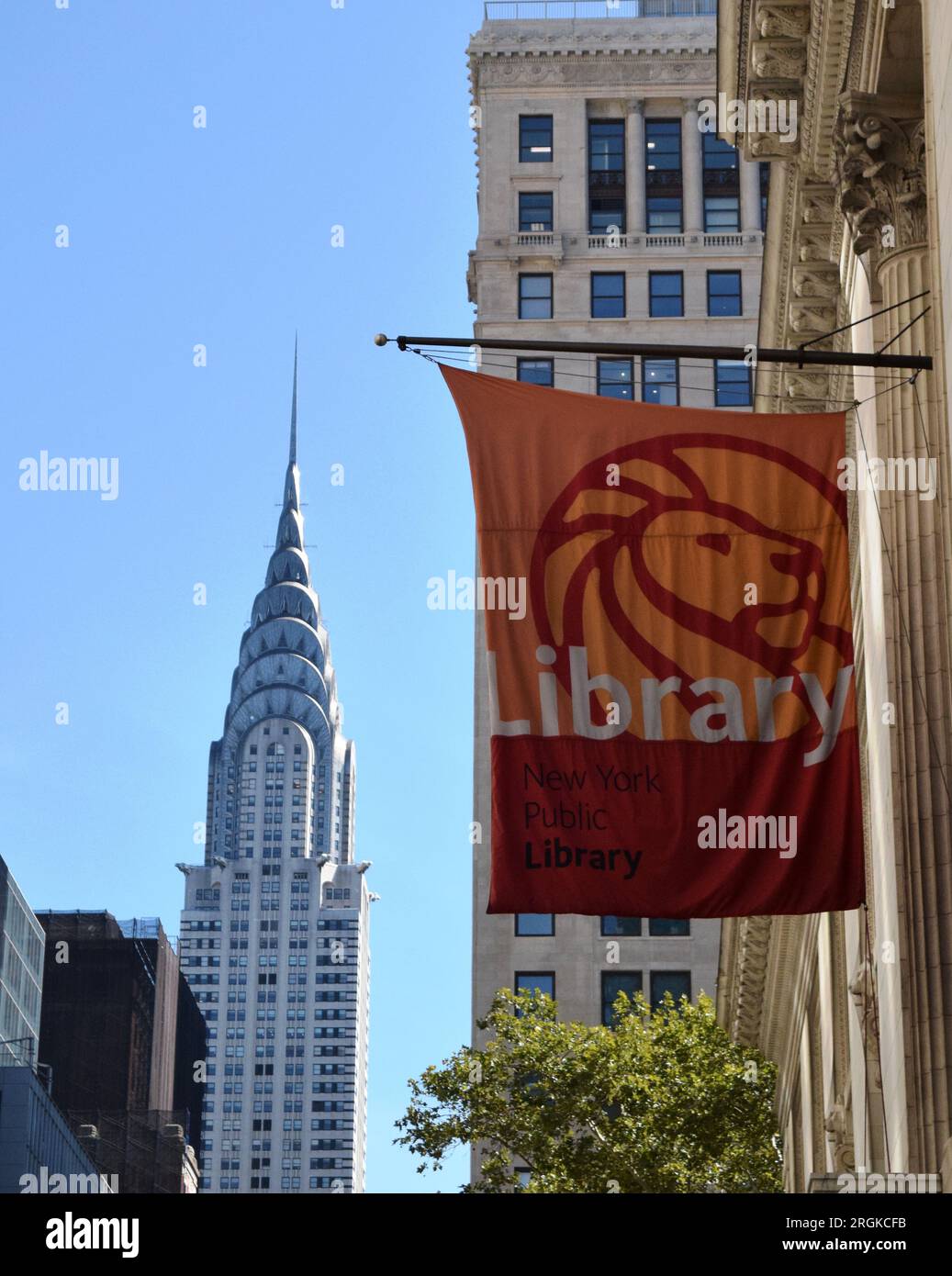 Empire State building seen past the flags at the main branch of the New ...
