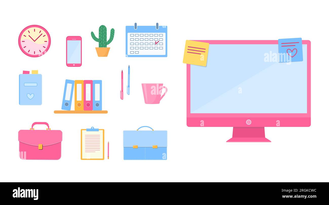 Set of office accessories. Business concept. Cartoon flat style Stock ...