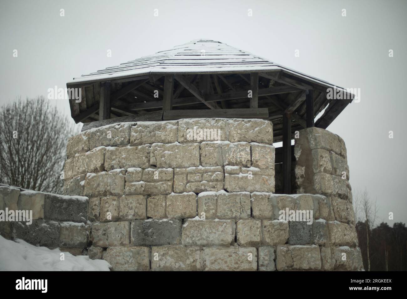 Old stone tower. Ancient building. Medieval tower to protect city walls ...