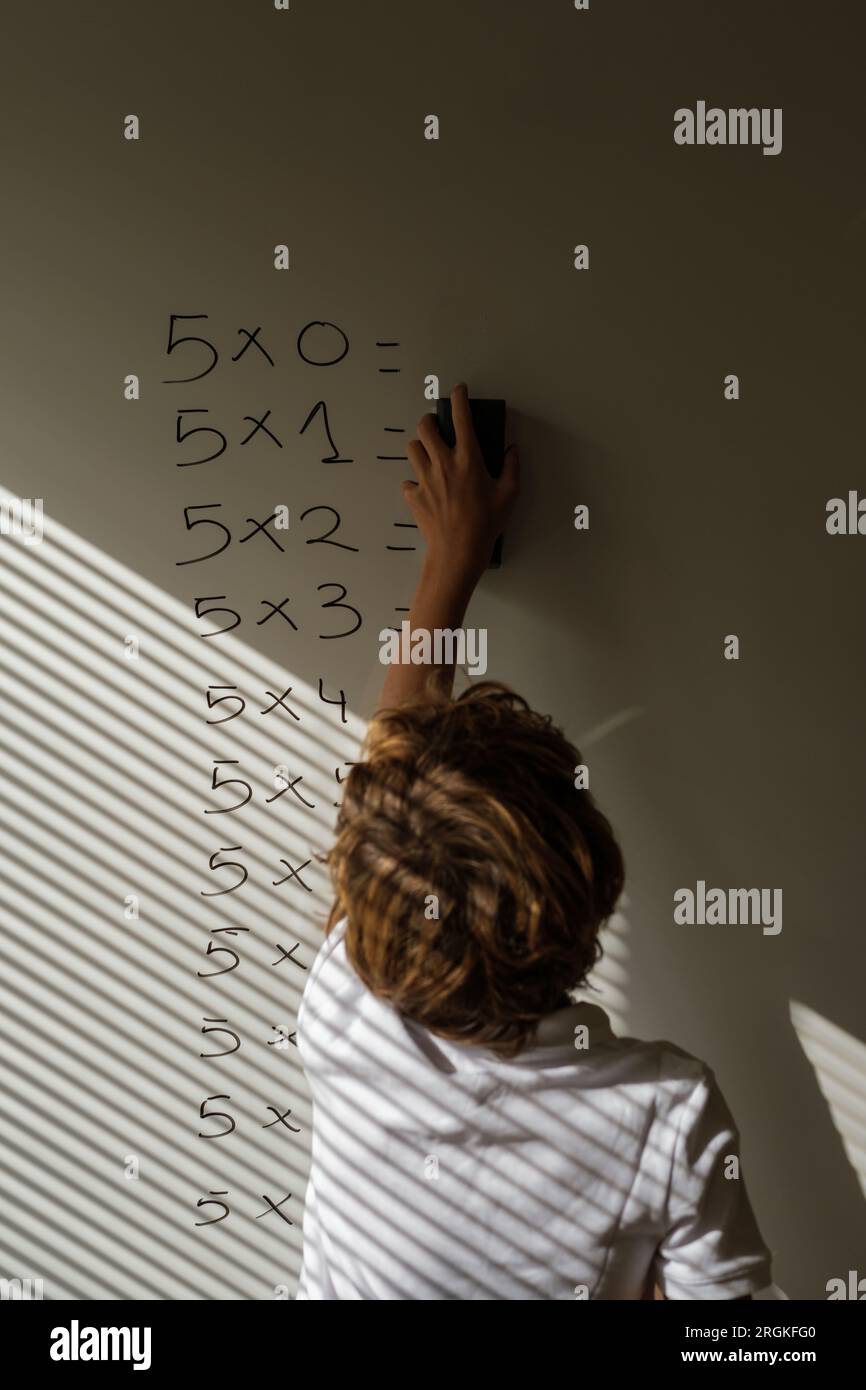 Back view of unrecognizable schoolchild erasing answers to math ...