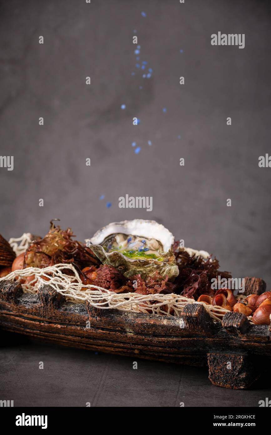 From above of palatable oyster in shell served in plate with various ...