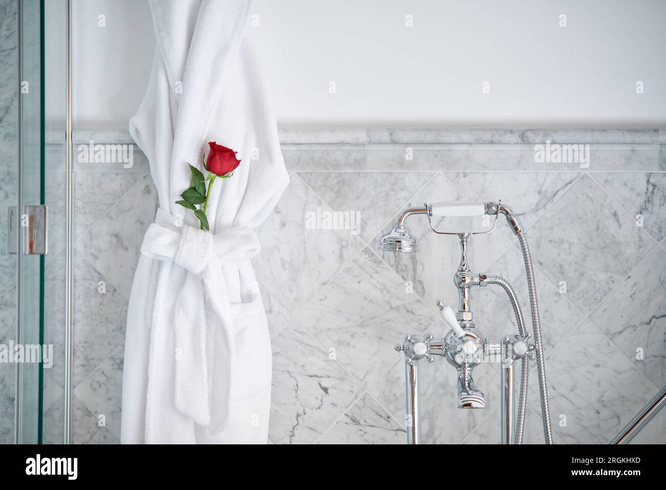Interior of luxury bathroom with vintage faucet and white terry ...