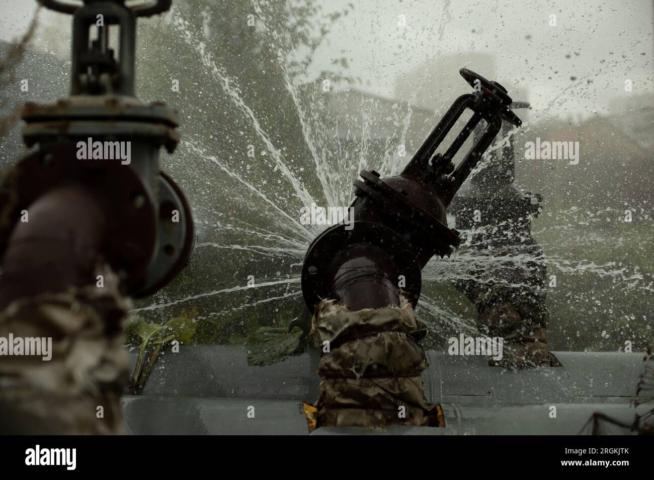 Pipe accident. Water breakthrough. Hot water flow. Damage to pipeline ...