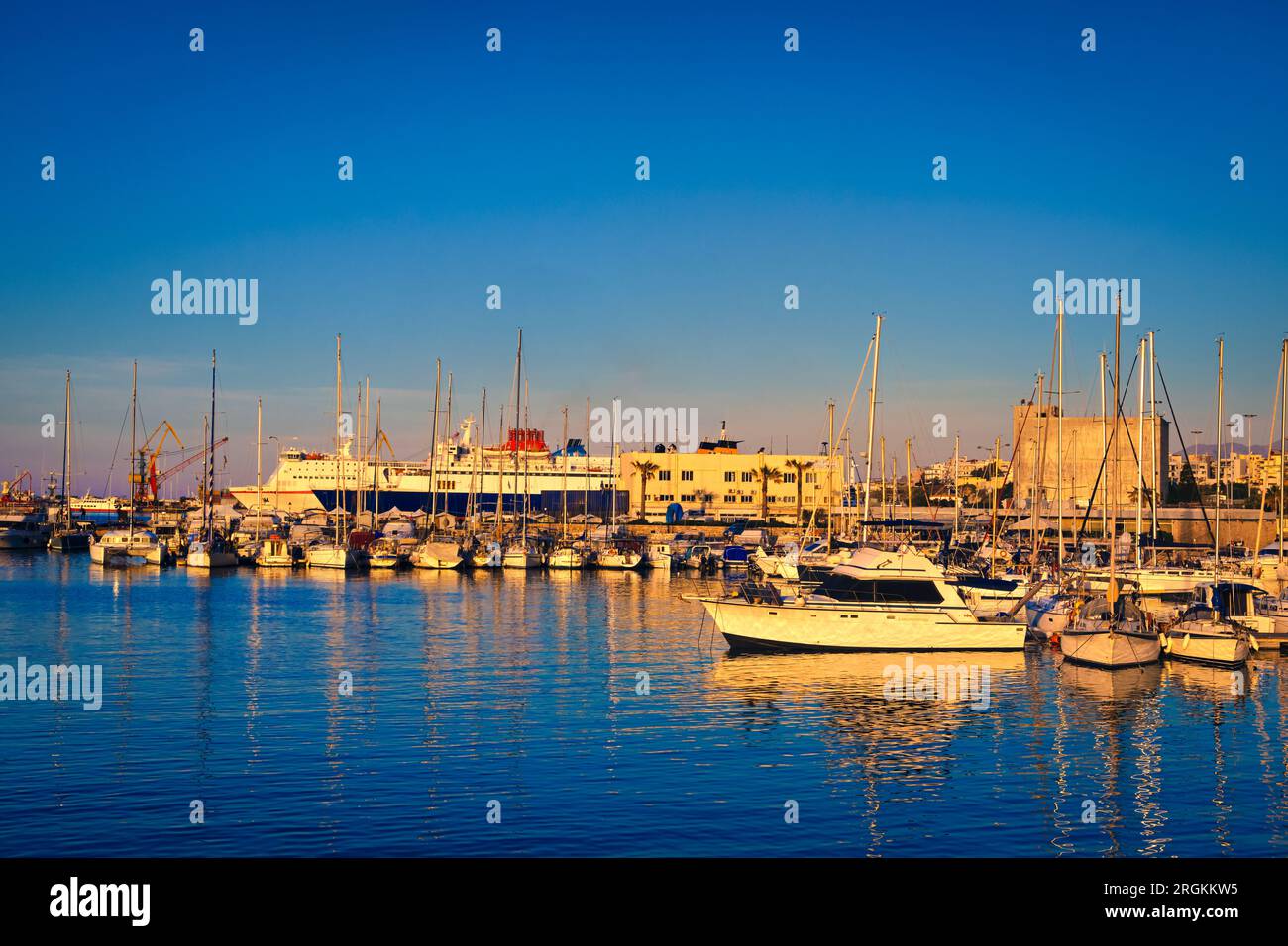 View of port area and bay in Heraklion, capital of Crete island, Greece ...