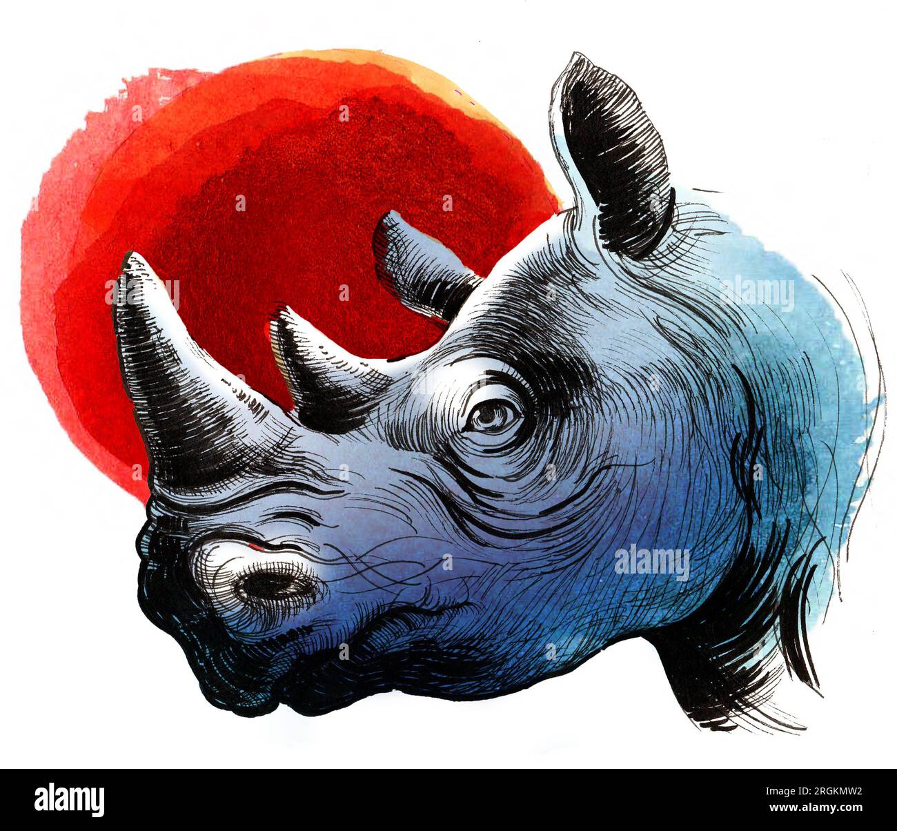 Blue rhino and red sun. Hand-drawn watercolor painting Blue rhino and ...