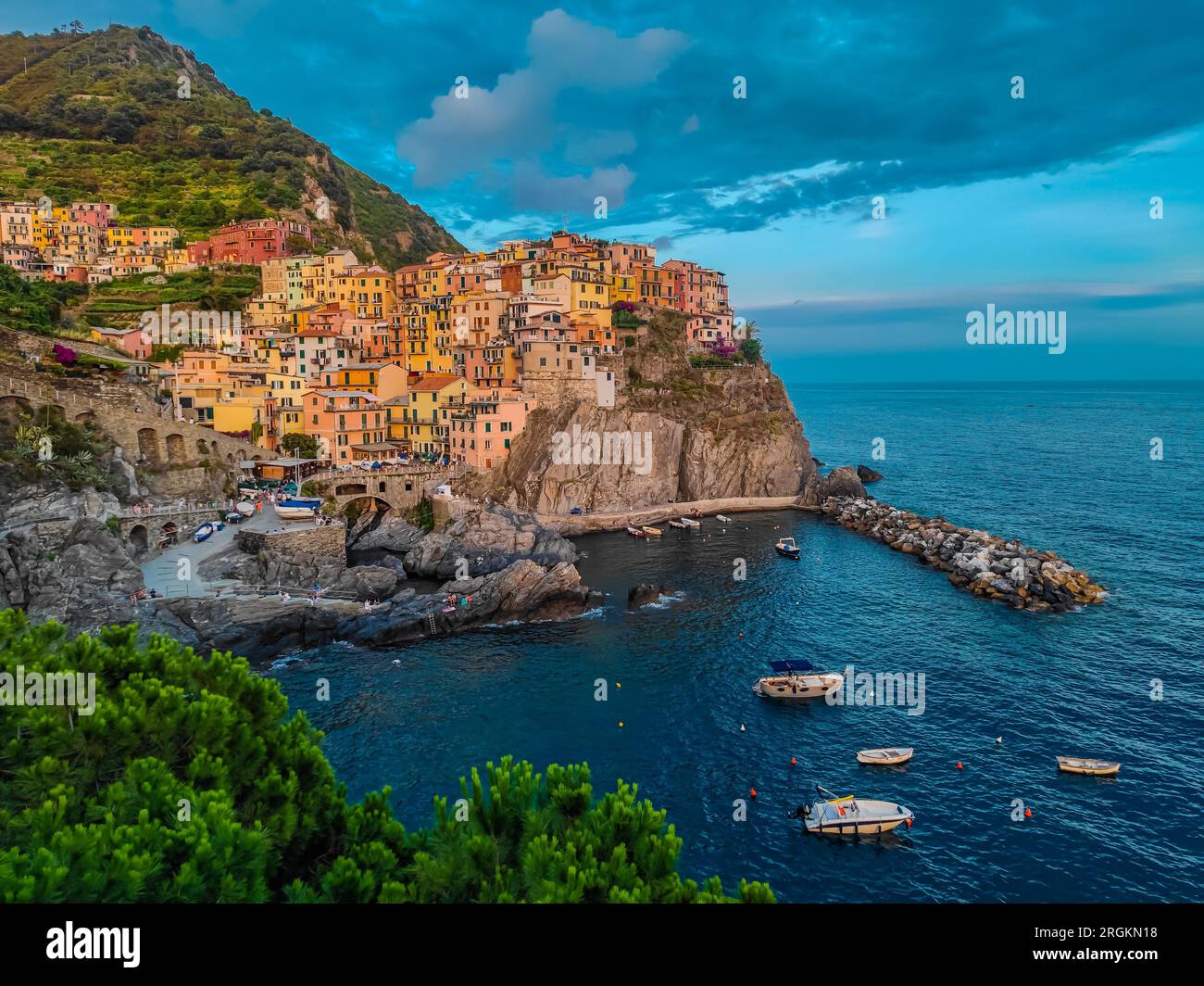 Aerial panoramic view of Manarola town with many colorful houses and ...
