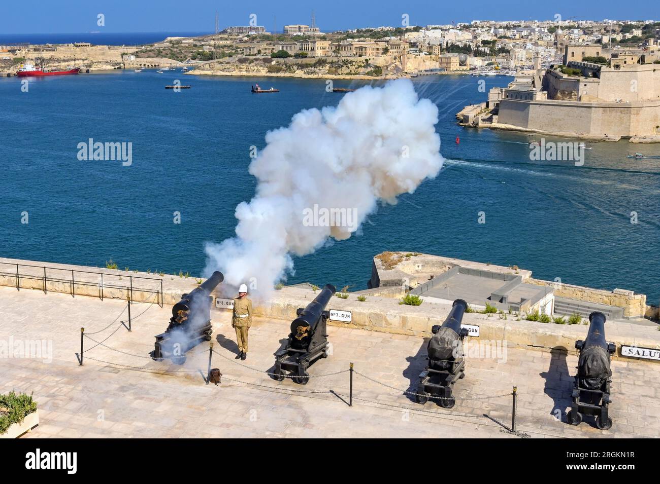 Valletta, Malta - 8 June 2023: Firing of the evening gun salute over ...