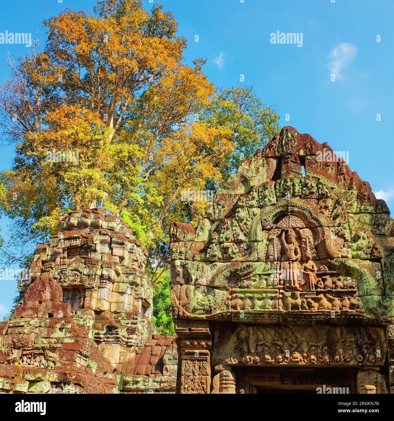 Intricate carvings embellishing the walls of an ancient Khmer structure ...