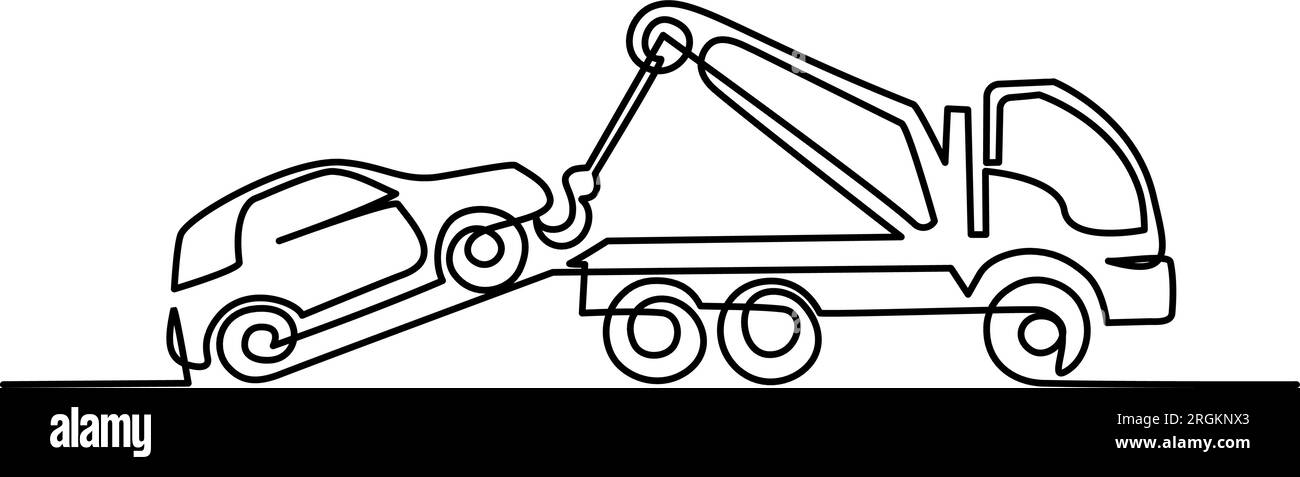Tow truck lift broken car using crane. Continuous one line drawing ...
