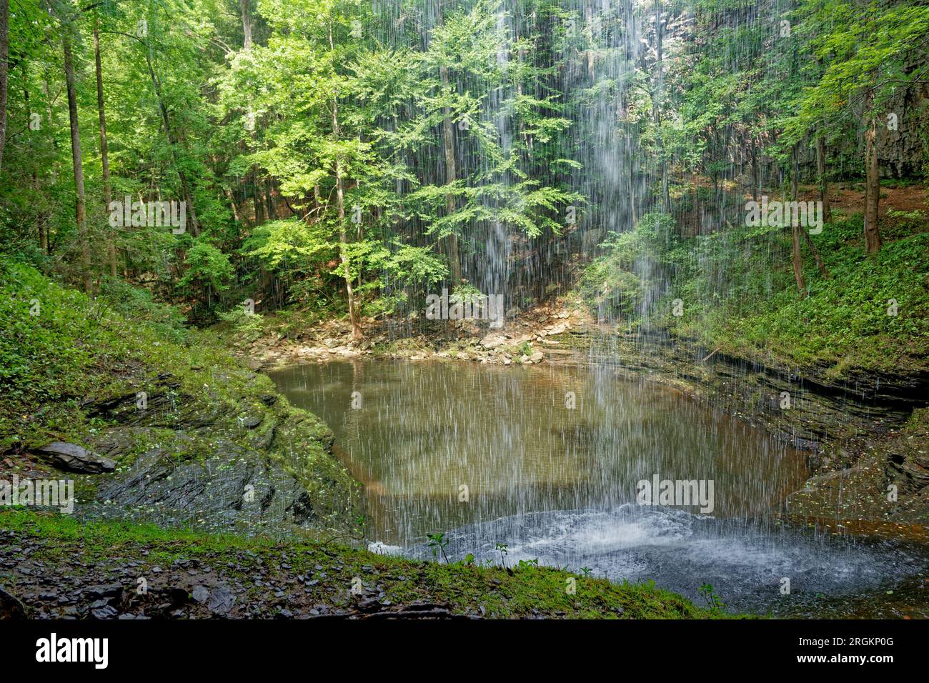 Standing behind the fast flowing waterfall looking through the water ...