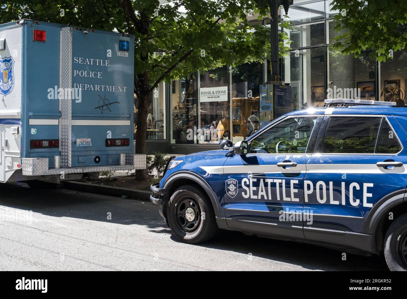 Seattle, USA. 18th July, 2023. Anarchy tag on the SPD police mobile ...