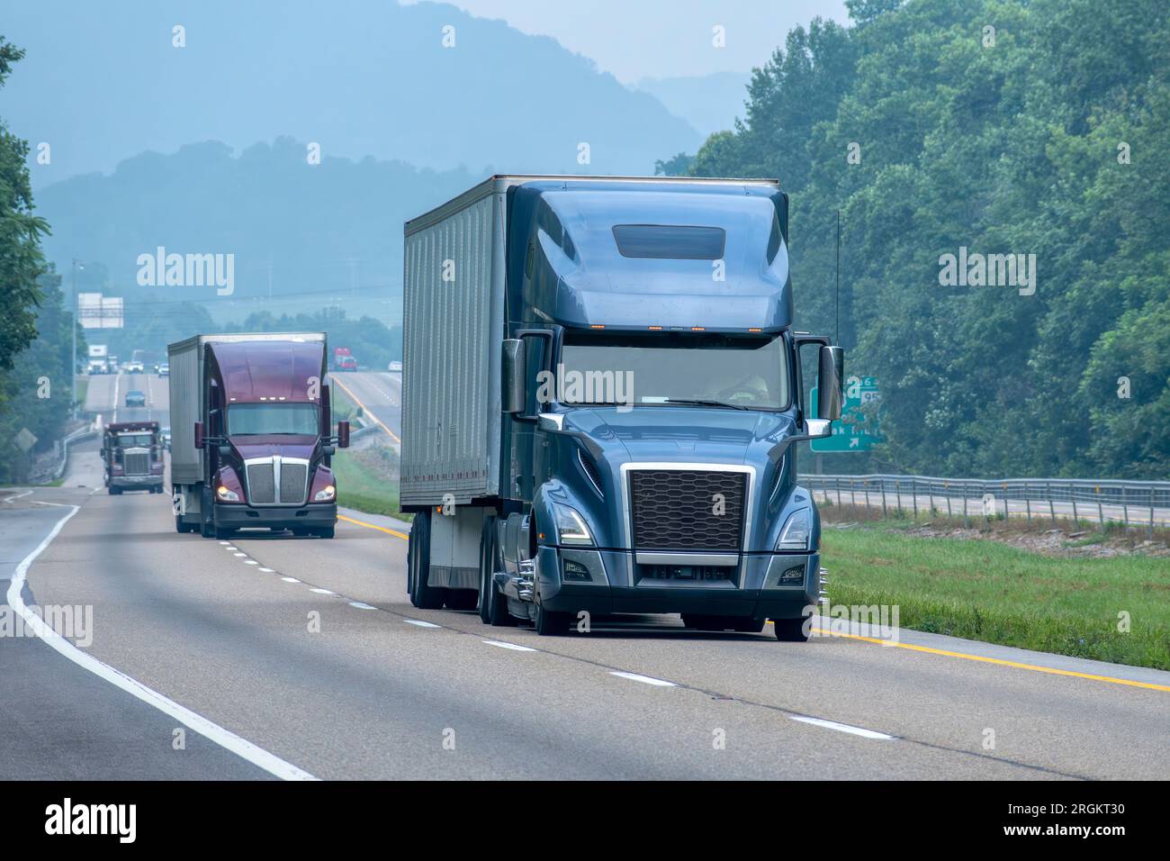 Horizontal shot of interstate truck traffic in Tennessee Smoky Mountain ...