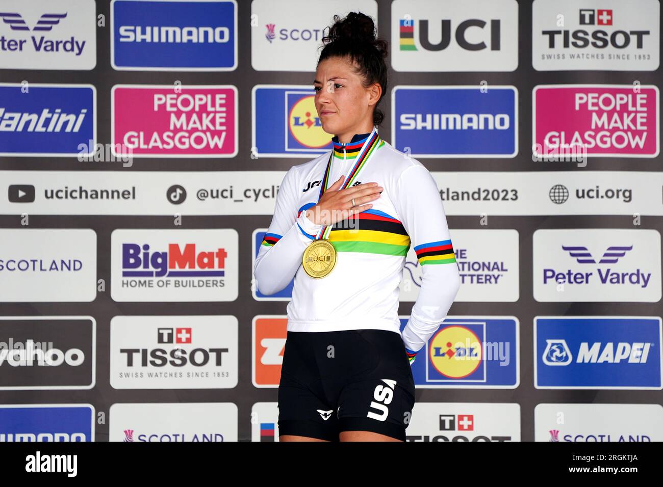 USA's Chloe Dygert (centre) celebrates with the gold medal after ...