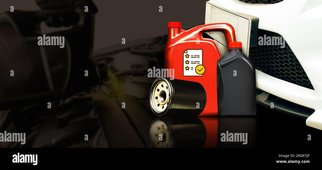 Motor oil change service, oil canister with oil filter on dark ...