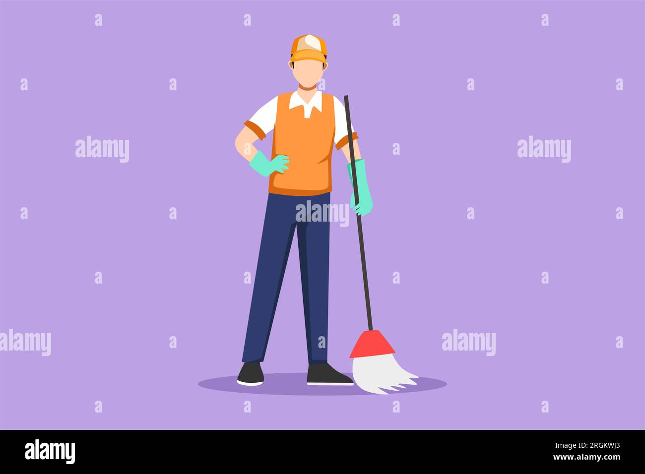 Graphic flat design drawing smiling young male janitor standing in ...