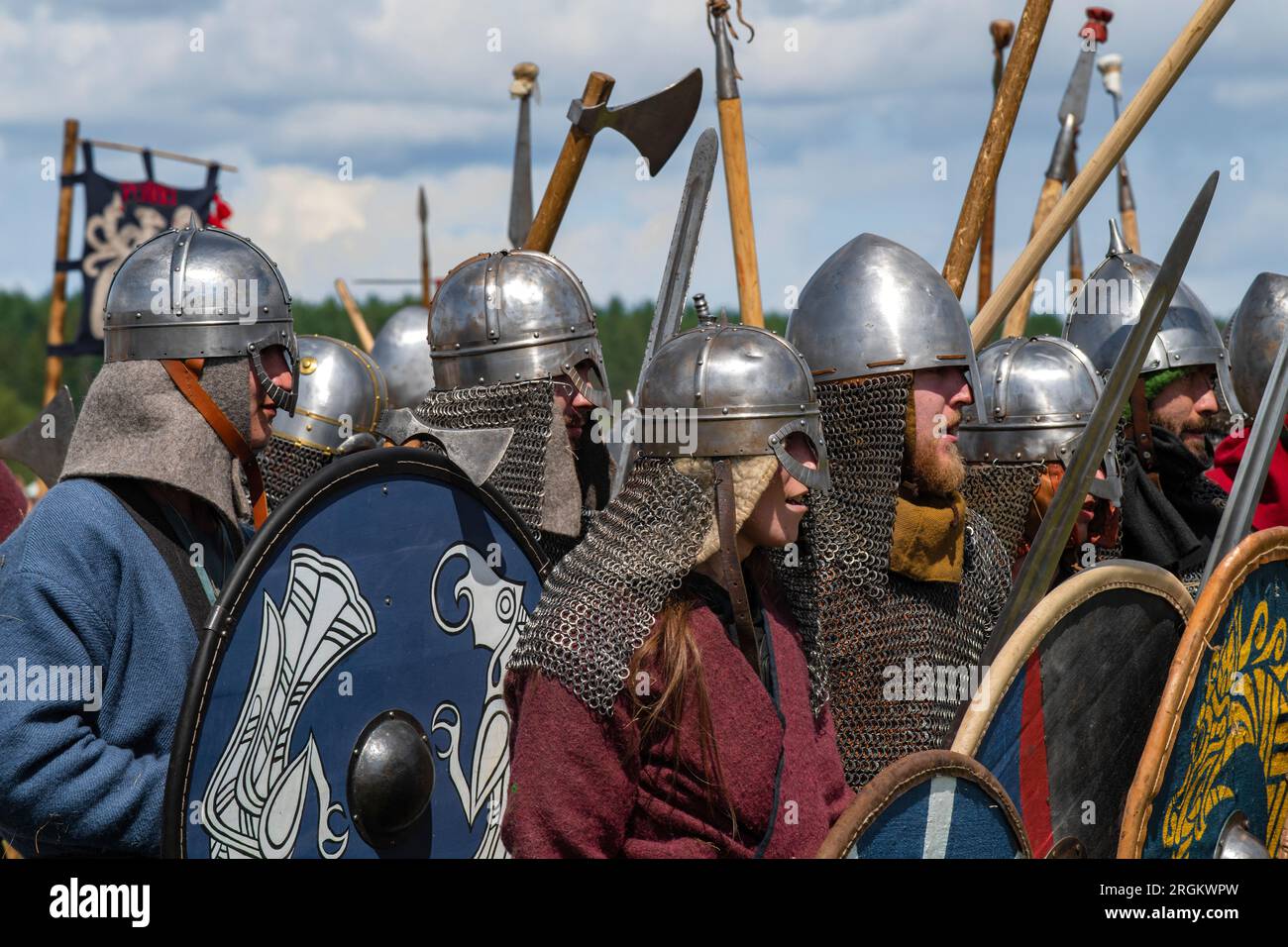 TVER REGION, RUSSIA - JULY 21, 2023: Reenactors in early medieval armor before the battle ...
