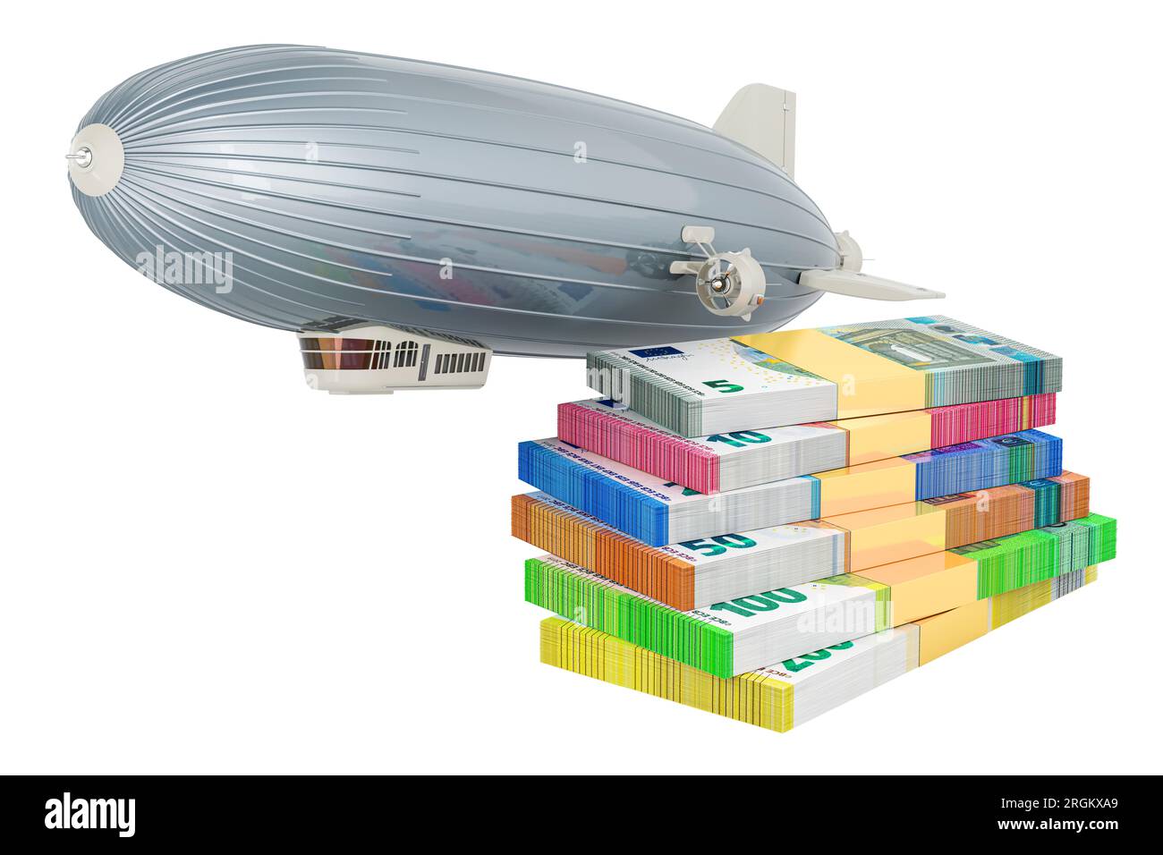 Airship or dirigible balloon with euro packs. 3D rendering isolated on ...