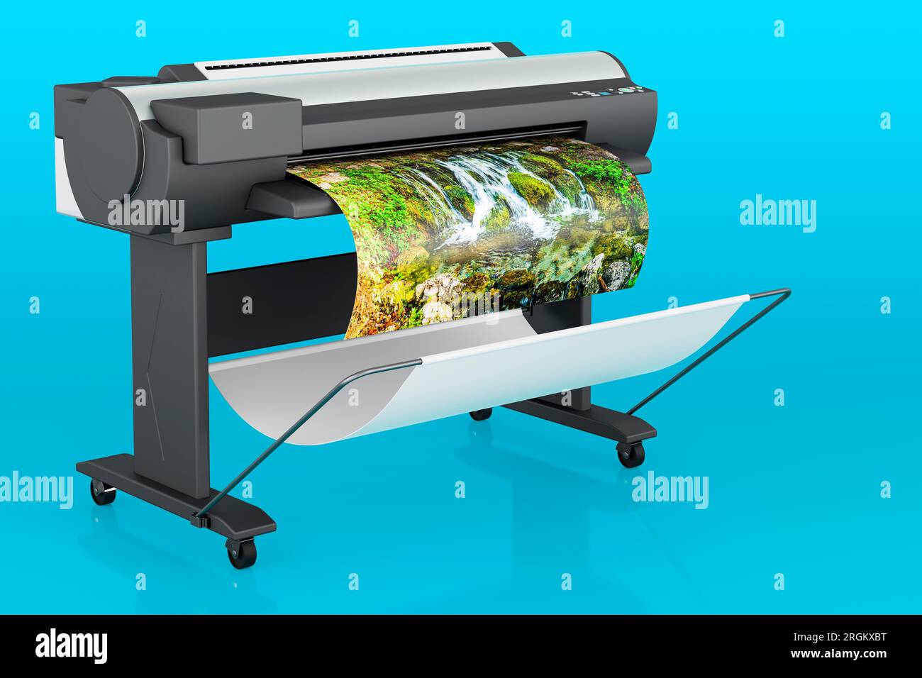 Plotter, large format inkjet printer on blue backdrop, 3D rendering ...