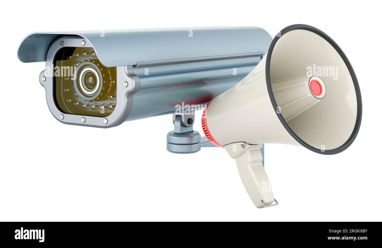 Security camera with megaphone. 3D rendering isolated on white ...