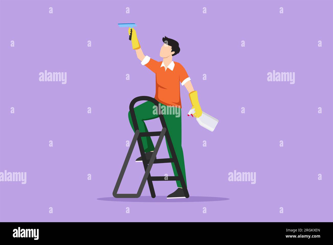 Cartoon flat style drawing man cleaner standing on ladder, washing with ...
