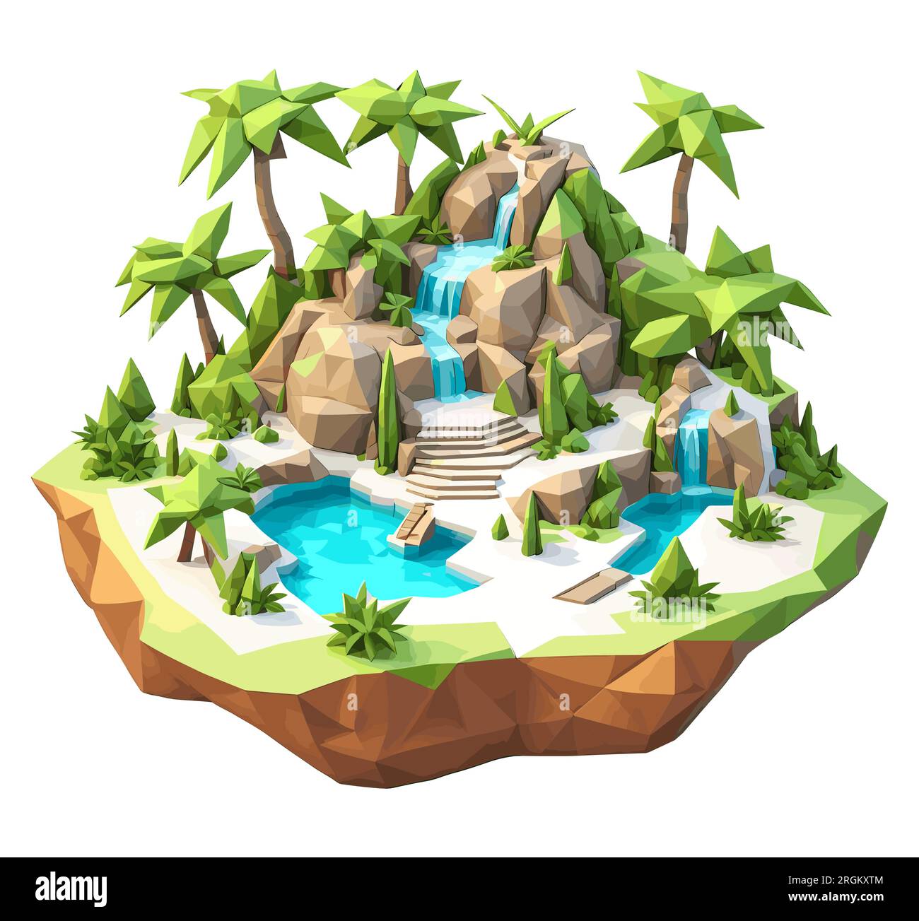 3D isometric low poly portrayal of a tropical island with a river with ...