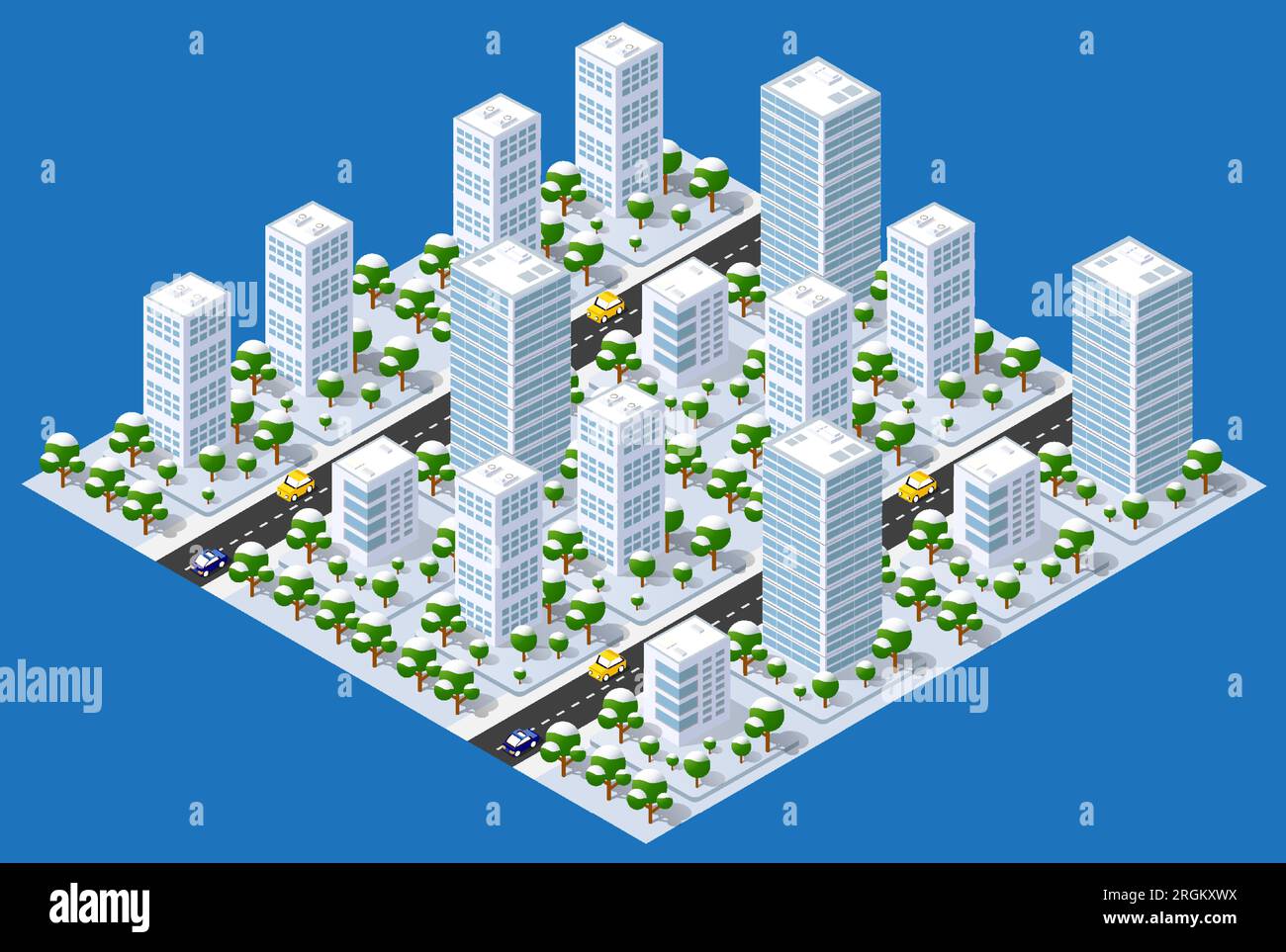 Flat isometric map, landscape city, building skyscraper, parks, cafe ...