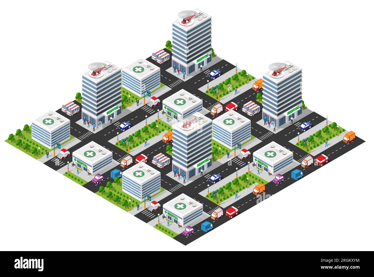 Flat isometric map, landscape city, building skyscraper, parks, cafe ...