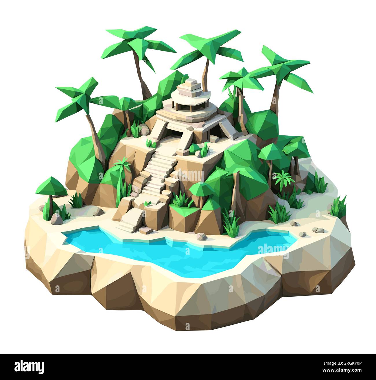 3D isometric low poly portrayal of a tropical island with a river with ...