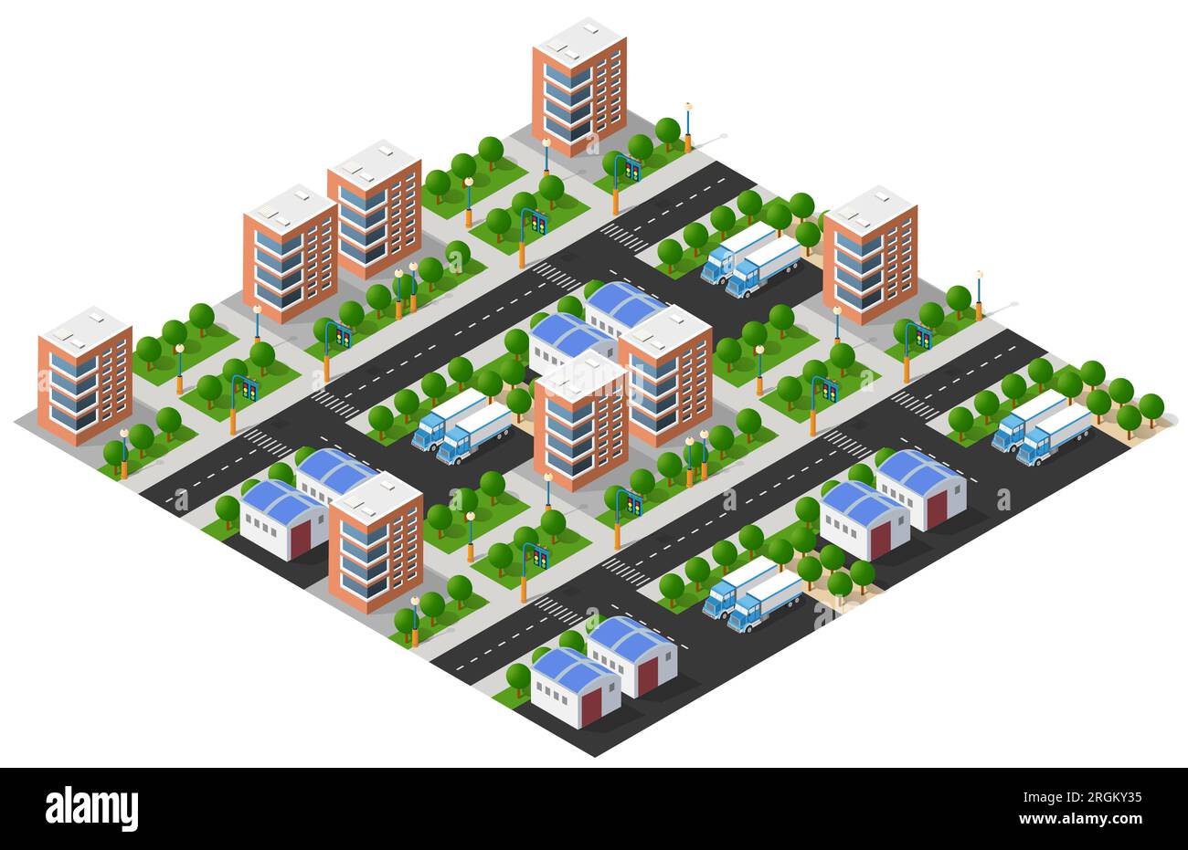Flat isometric map, landscape city, building skyscraper, parks, cafe ...