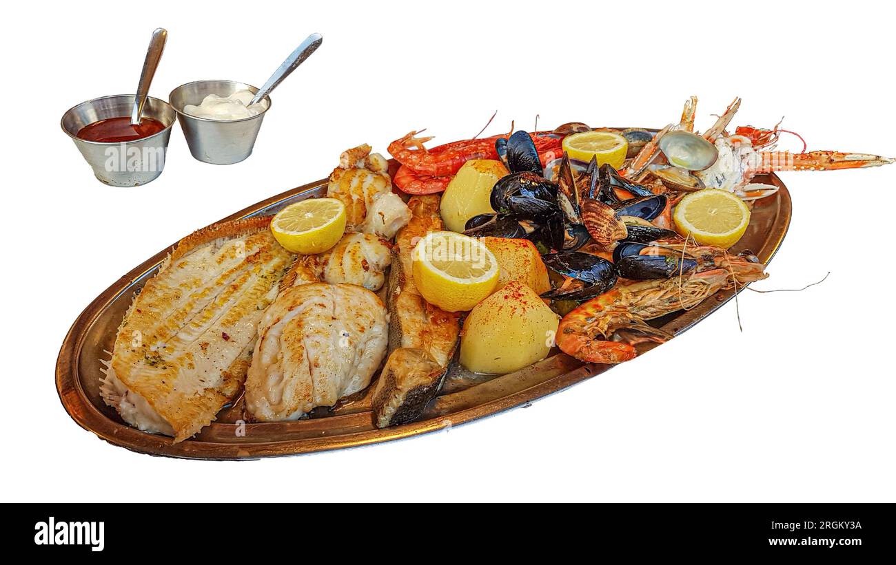 Closeup picture of a fish plate with several different seafood and ...